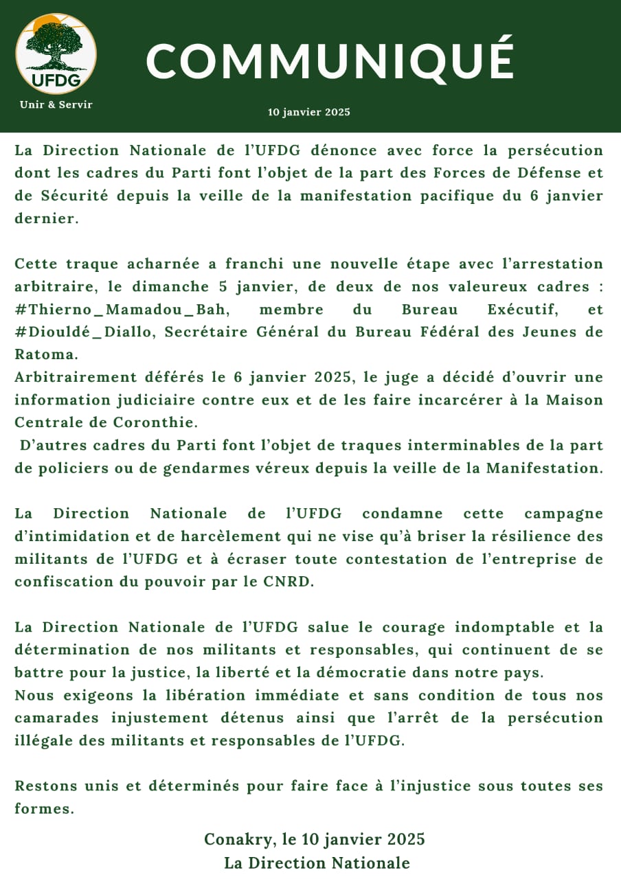 Traque des militants de l’UFDG : le parti hausse le ton